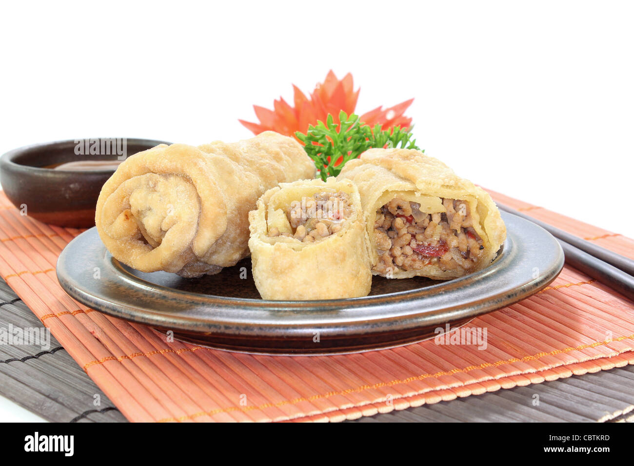 Spring rolls with ground beef, tomatoes, parsley and garlic on a white ...