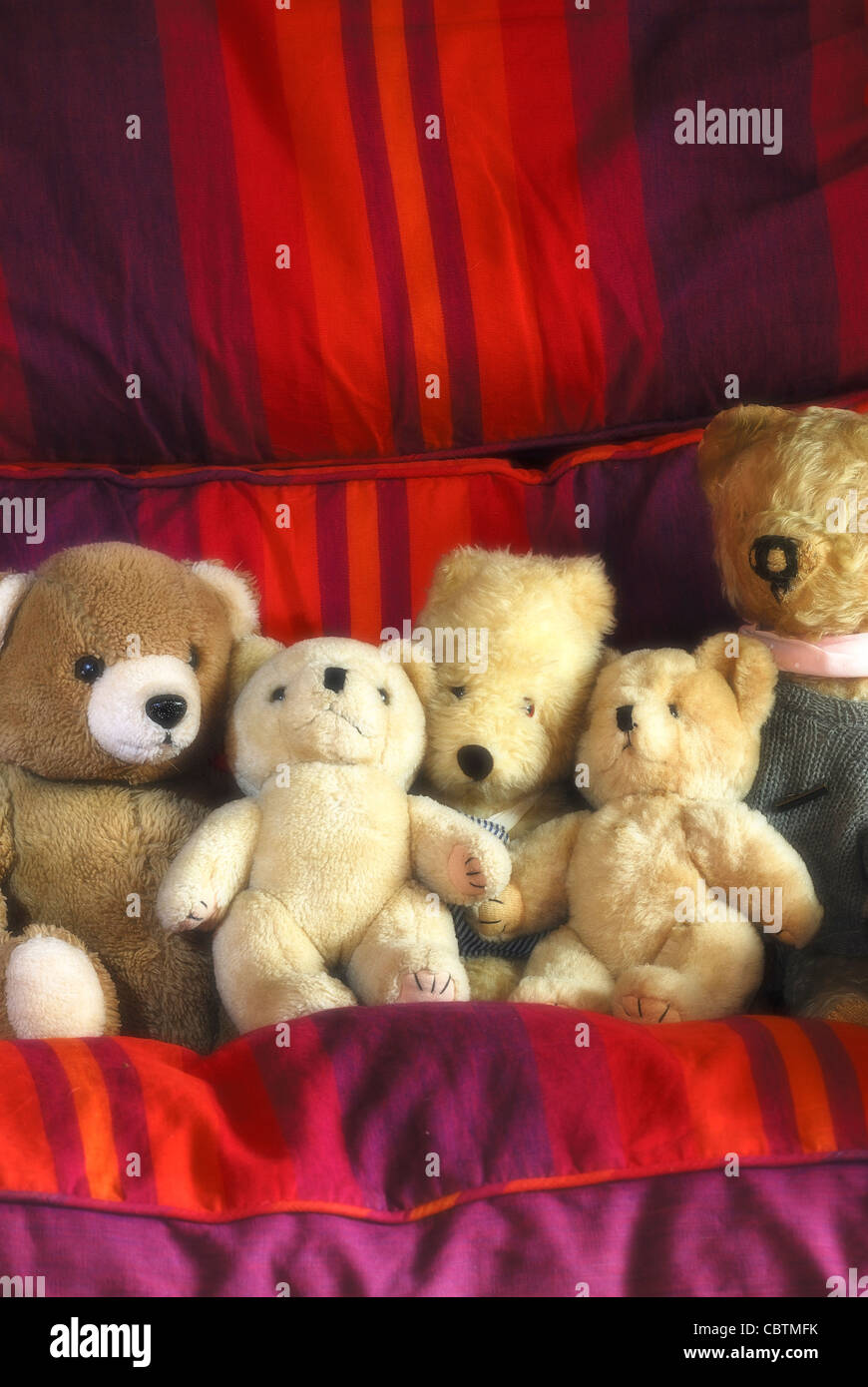 A chair full of different teddies Stock Photo - Alamy