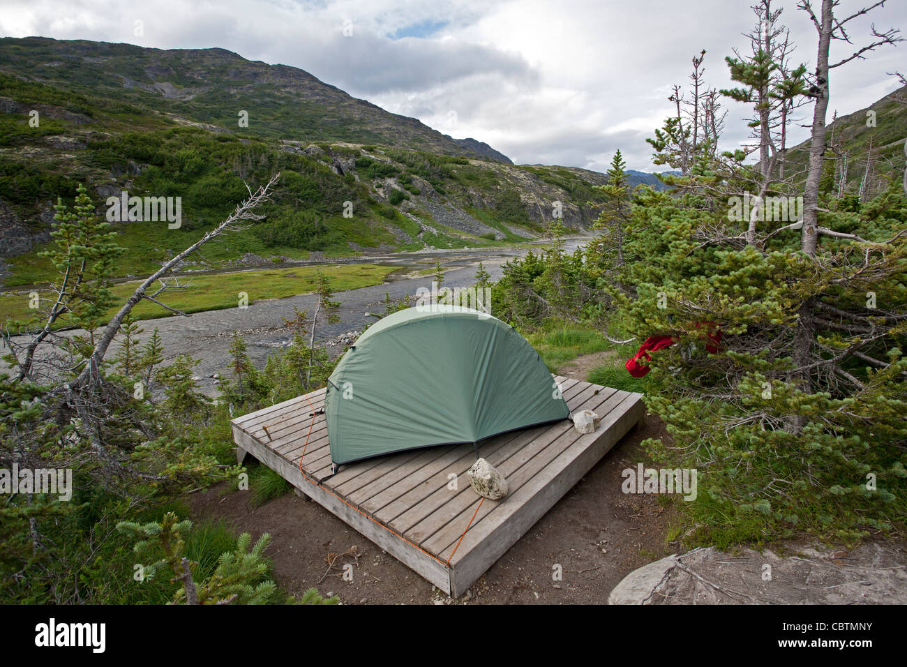 Tent on a wooden platform. Happy Camp. Chilkoot Trail. British Columbia ...