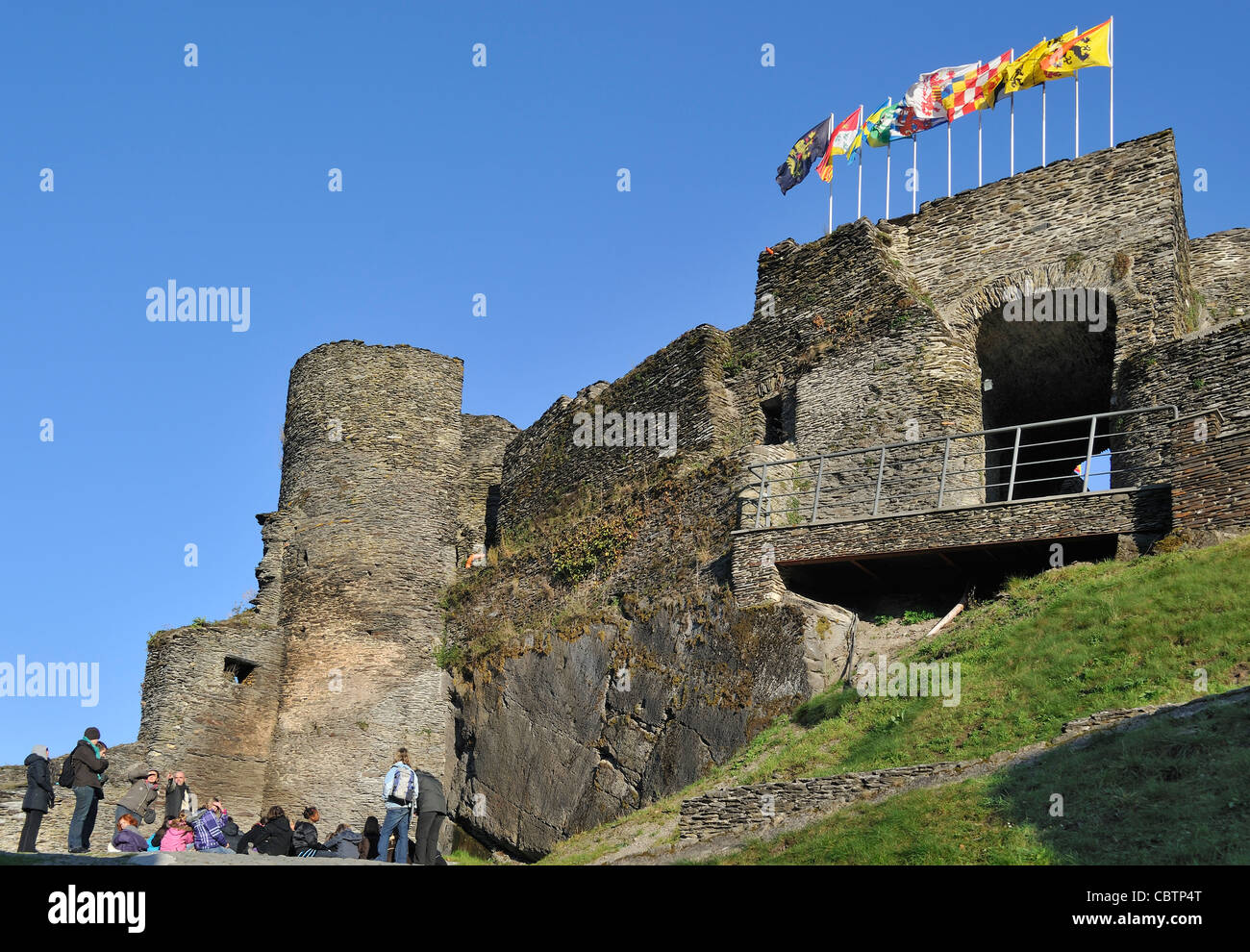 School children visiting ruined medieval castle in La Roche-en-Ardenne ...