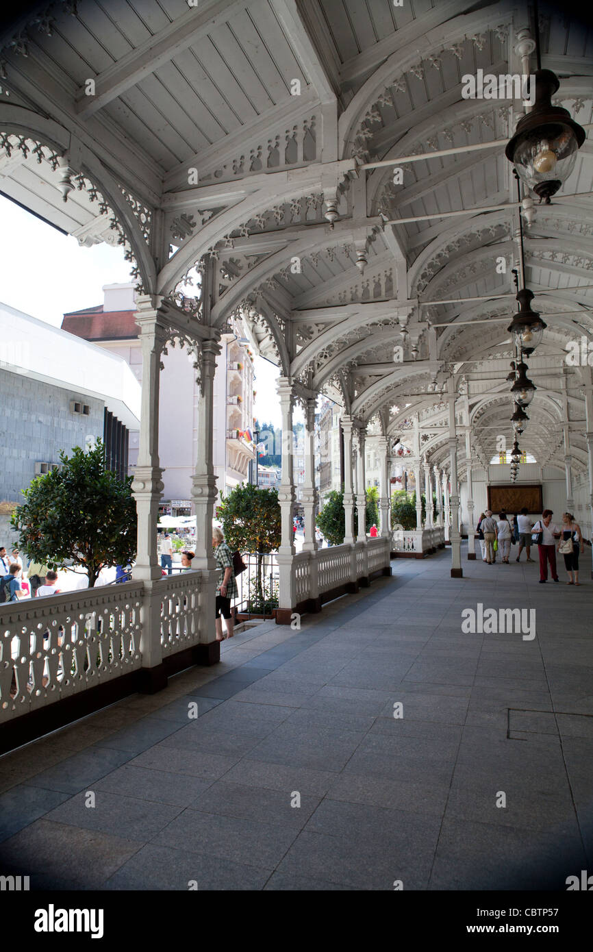 People walking under the market colonnade in Karlovi Vari - Karlsbad ...