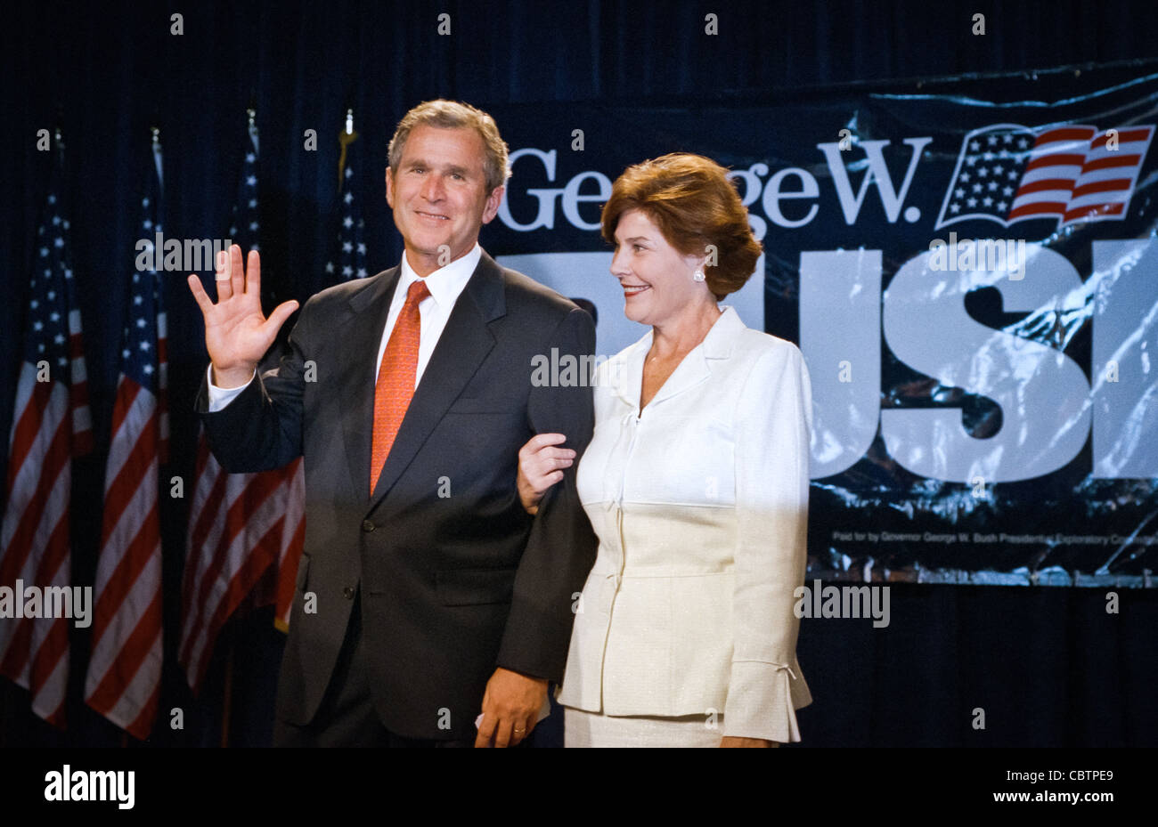 Texas Gov. George W. Bush and his wife Laura during a campaign ...