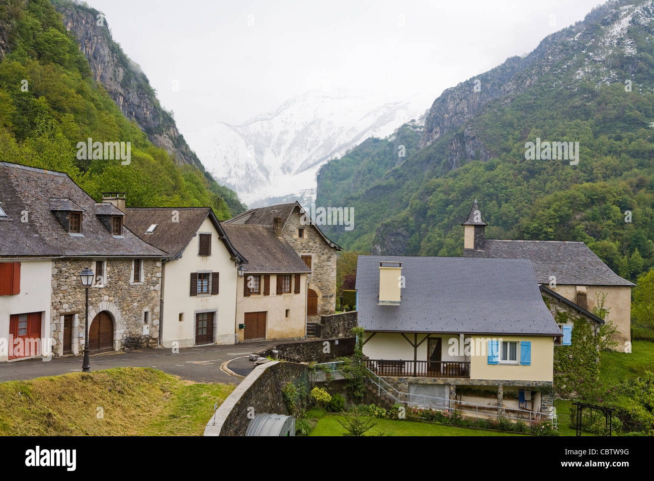 Small streets of the French town of Borce with the slopes of the ...