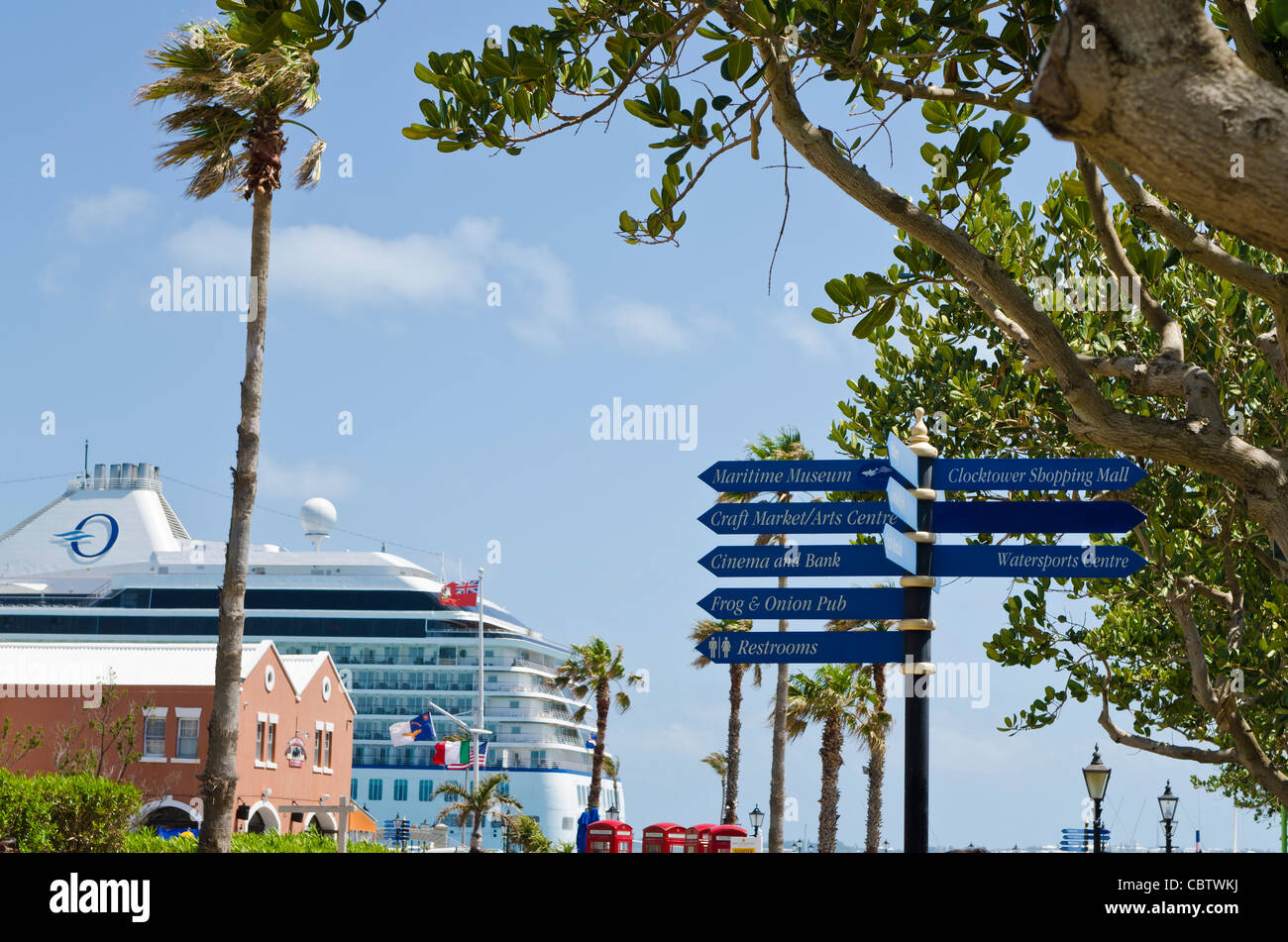 Bermuda. Street sign and cruise ship at the terminal in the Royal Naval ...