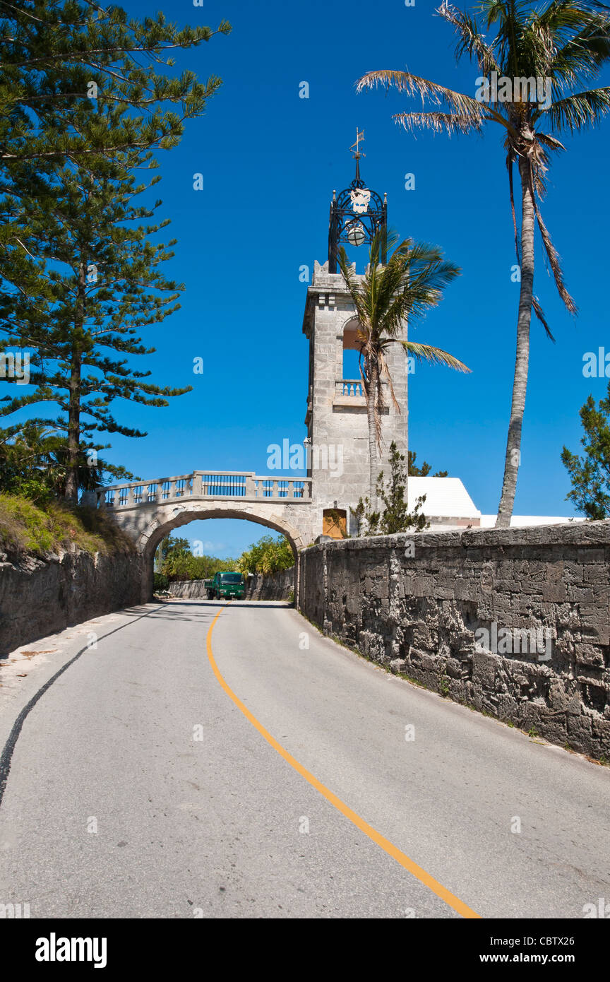 Old tower and pedestrian bridge near Flatts Village, Bermuda Stock ...