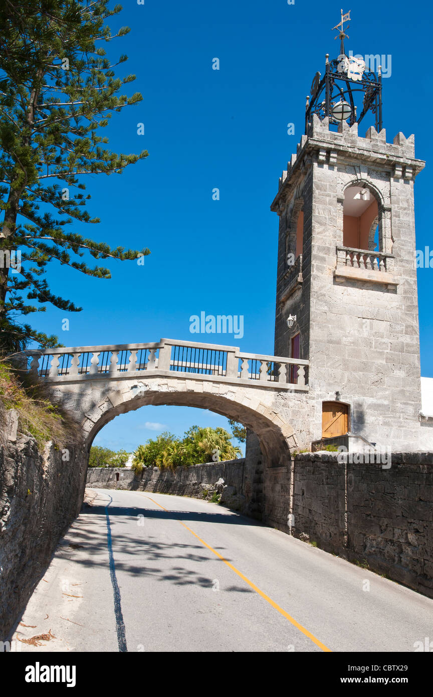 Old tower and pedestrian bridge near Flatts Village, Bermuda Stock ...