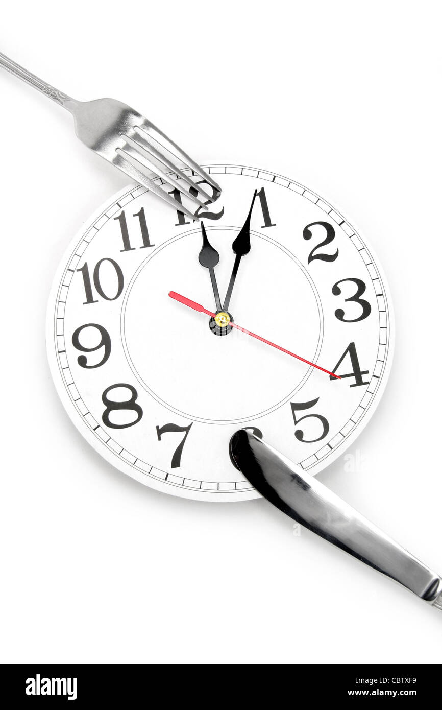 fork and wall clock with white background, concept of lunch time ...
