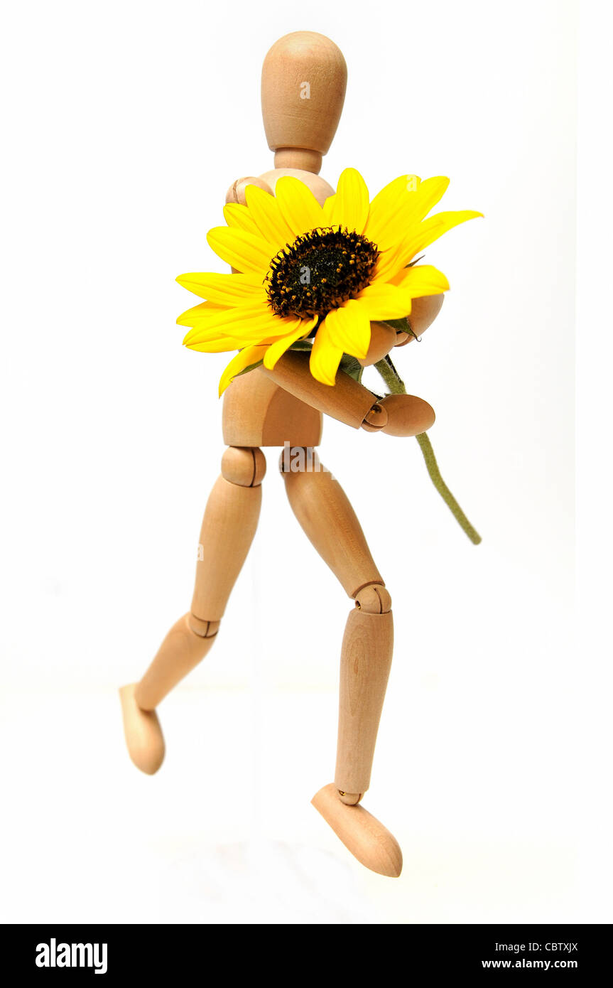 Wood figure with sunflower in arms over white background Stock Photo ...