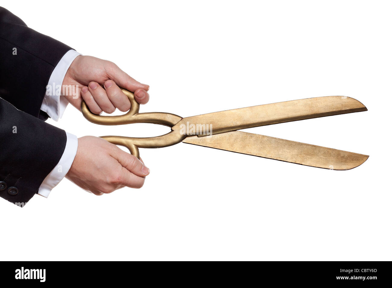 Businessman hold scissors isolated on white Stock Photo - Alamy