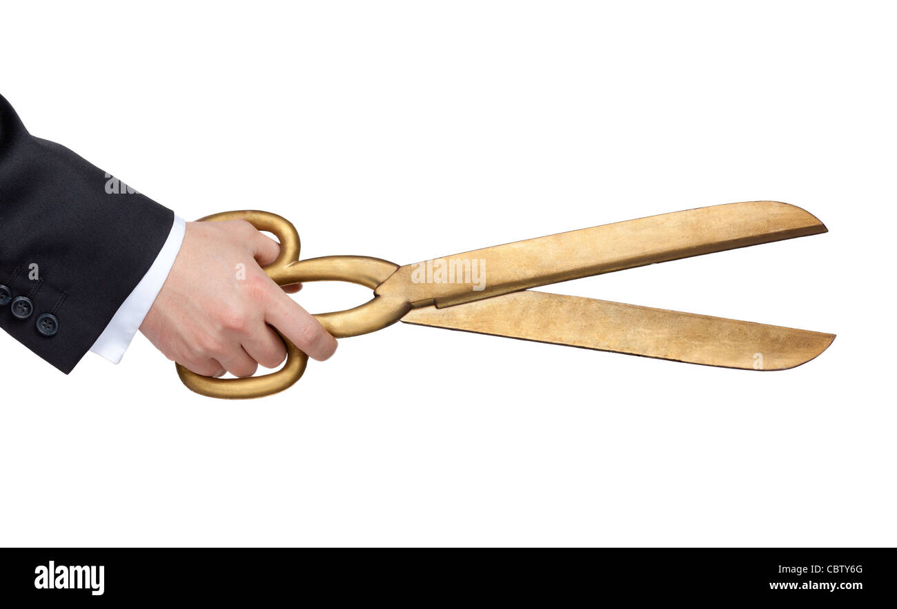 Businessman hold scissors isolated on white Stock Photo - Alamy