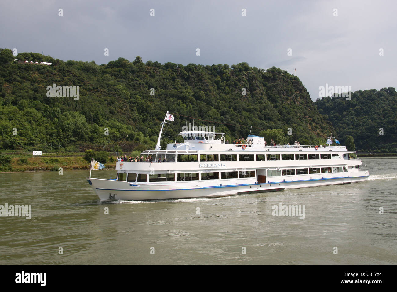 River cruise boat Germania on the Rhine River downstream of the Lorelei ...