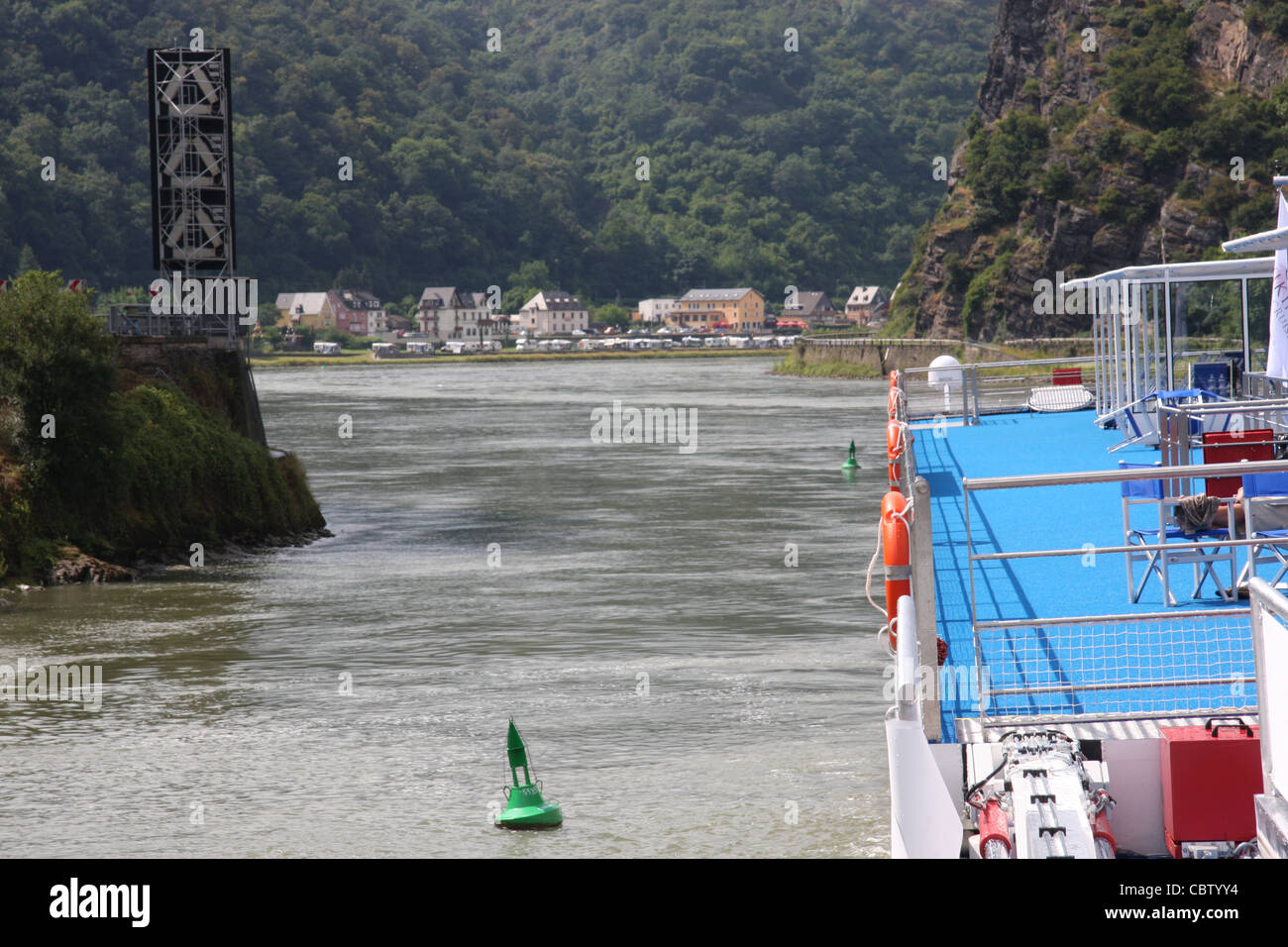 Close up view of the stern of a river cruise boat anchored at the ...