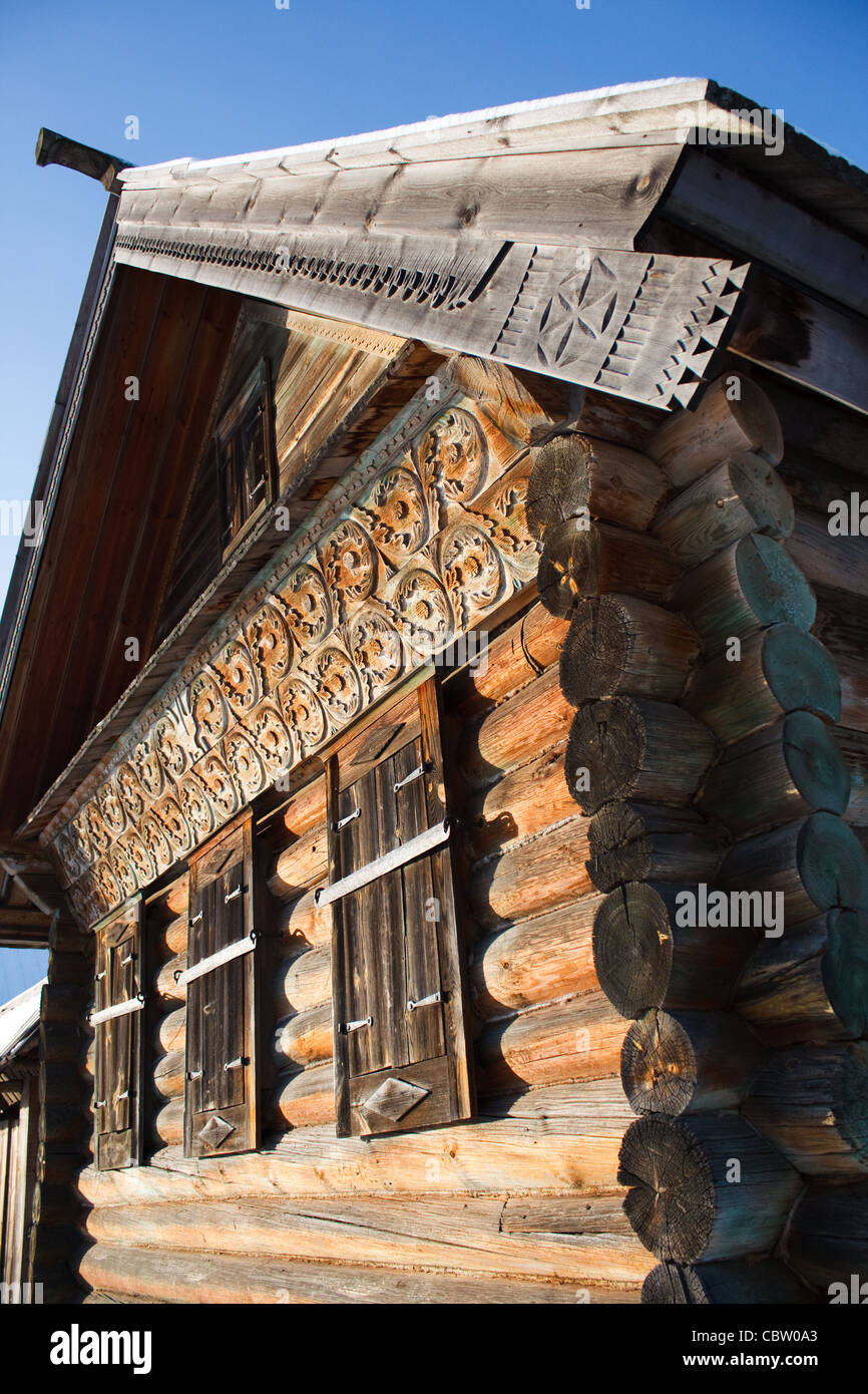 close up photo of the house built from wood logs Stock Photo - Alamy
