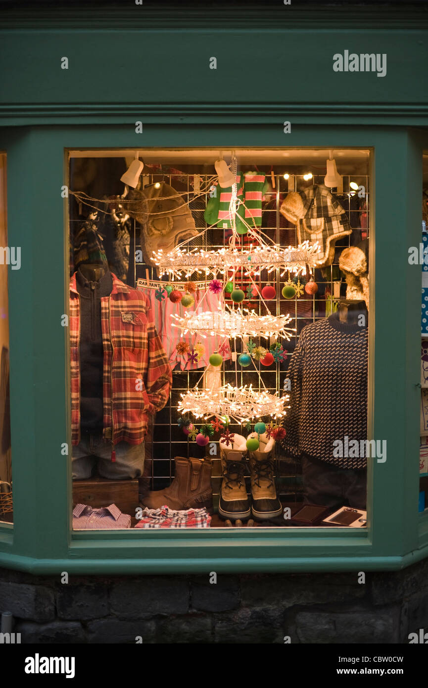 Christmas window display in Flow clothes fashion shop Hay-on-Wye Powys ...