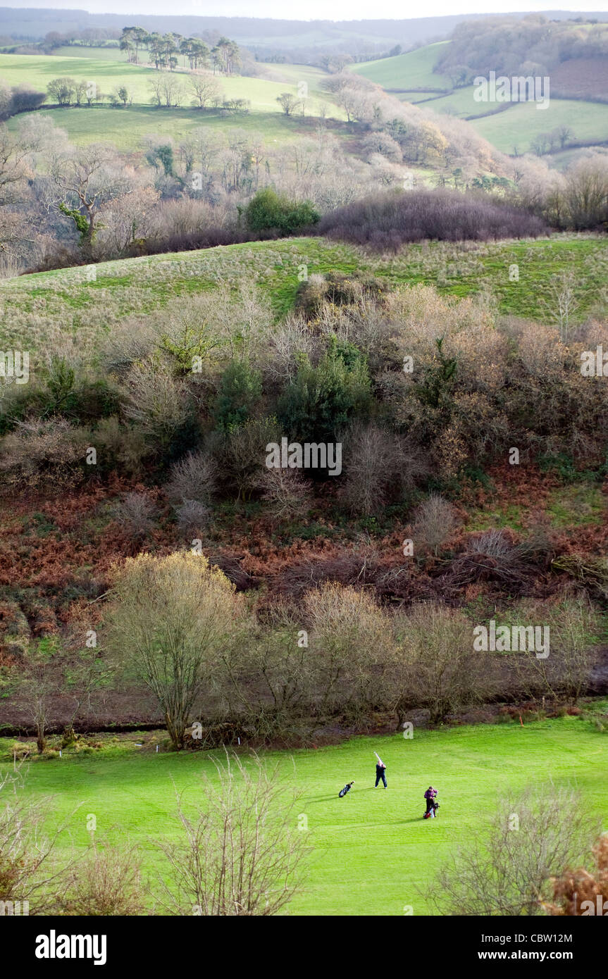 Teign valley golf course with village of Ashton,Devon,hamlet, hedgerows ...