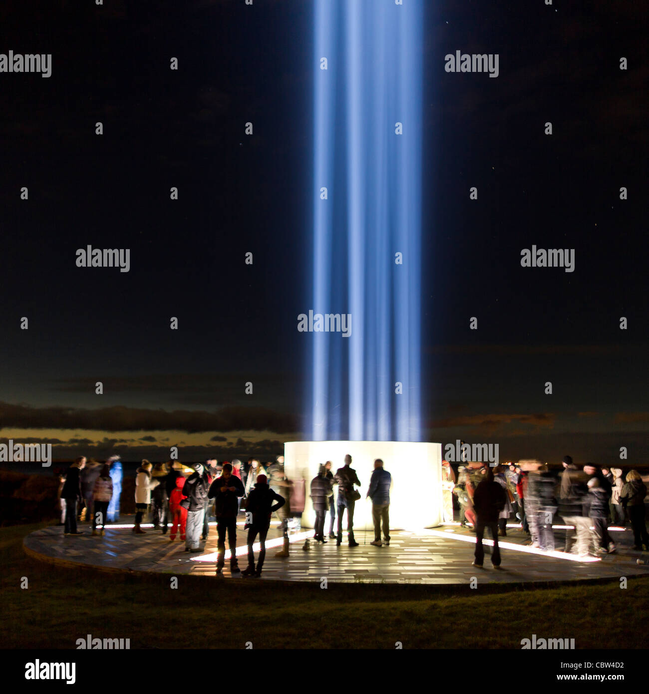 People with the Imagine Peace Tower, Videy, Reykjavik, Iceland Stock ...