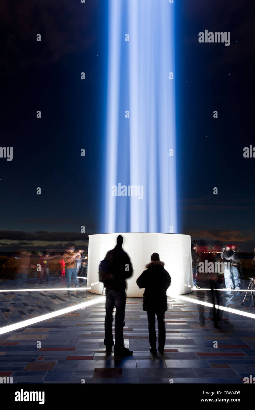 People with the Imagine Peace Tower, Videy, Reykjavik, Iceland Stock ...