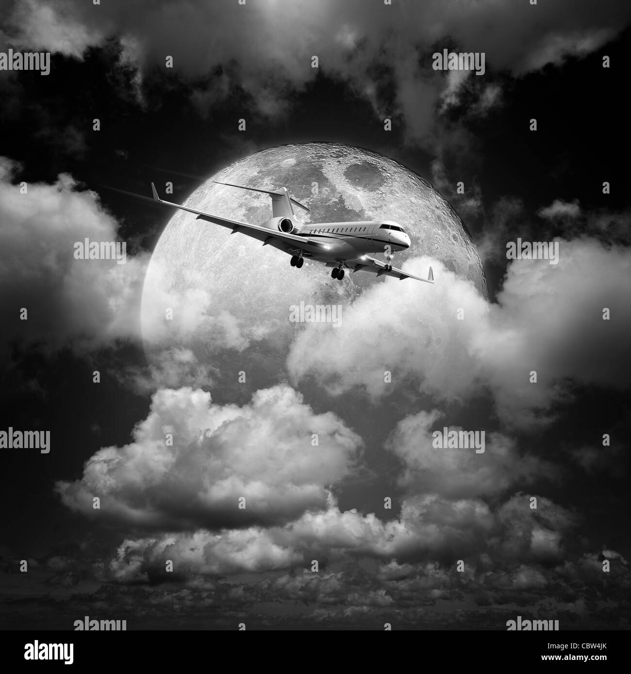 Small private jet aircraft in a night sky. Monochrome, square ...