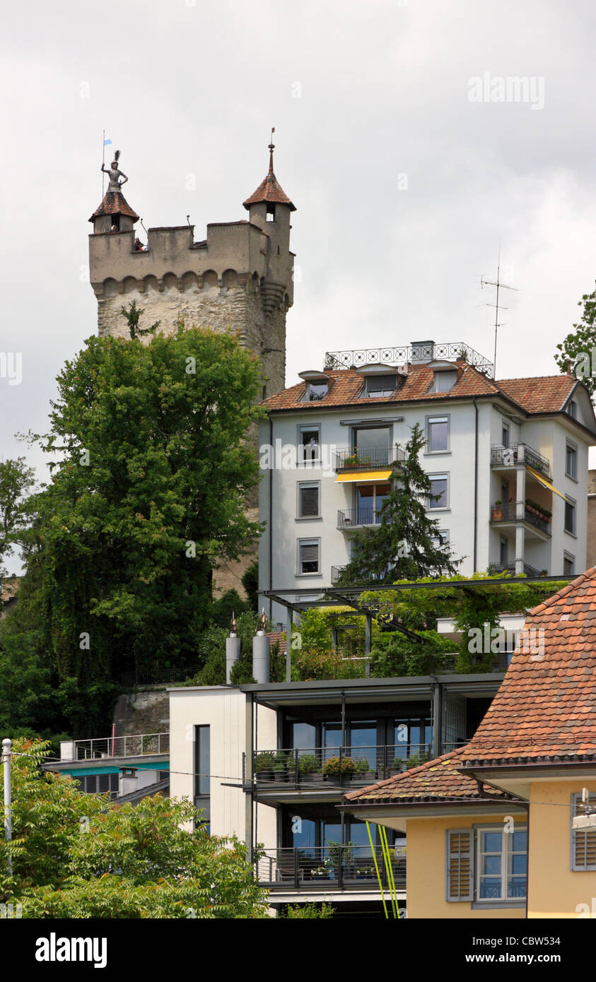 Watch Tower of the Historical City Wall overlooking the City of Lucerne ...