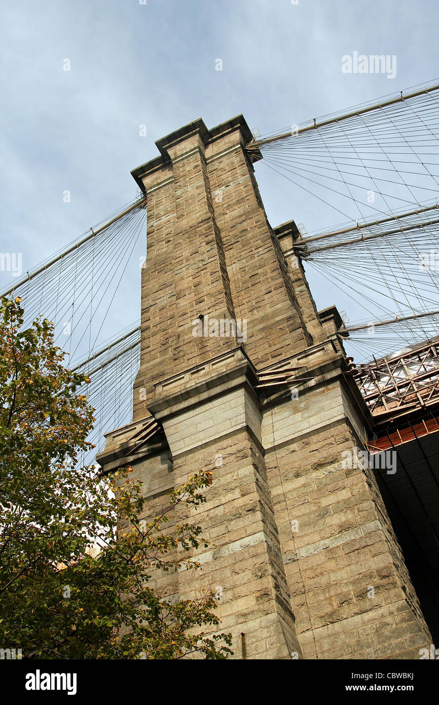 Looking up at a section of the Brooklyn Bridge, Brooklyn, New York City ...