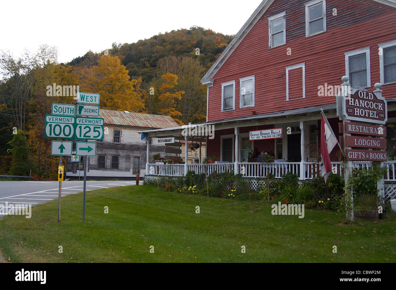 A hotel, restaurant, shop, and roadsigns in Hancock, Vermont, United ...