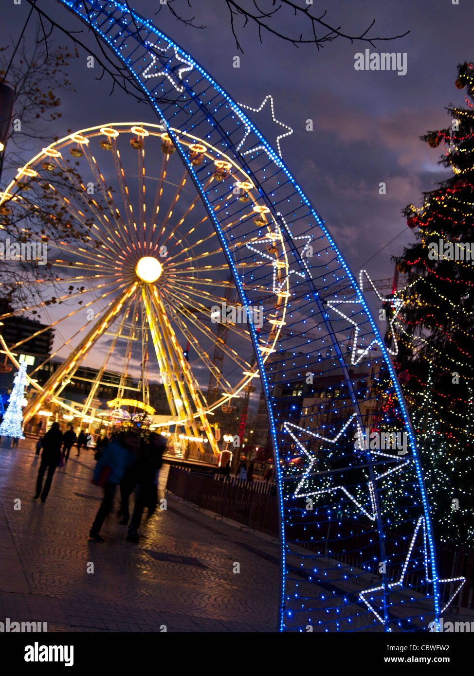 Ferris wheel at a traveling funfair in Clermont-Ferrand, France, Europe ...