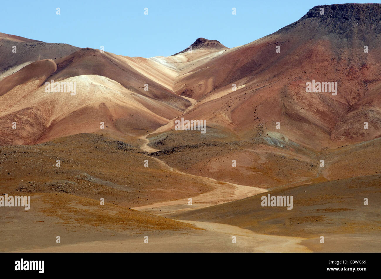 Brightly coloured layers of rock in the mountains of the Siloli desert ...