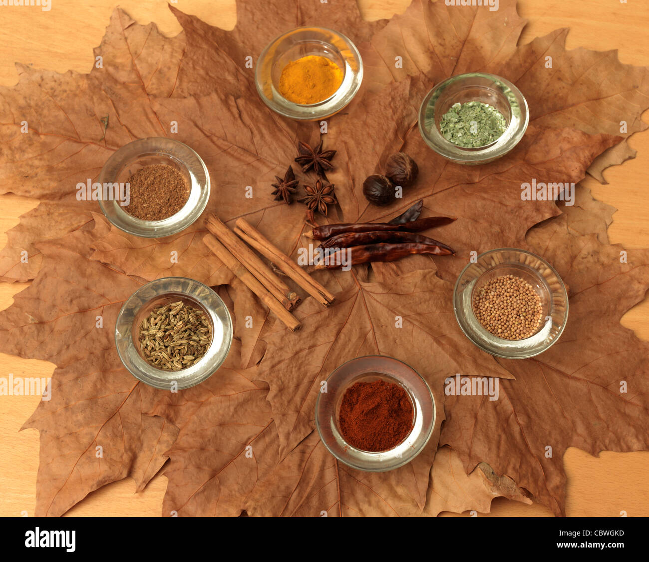 Spice Collection on Autumn Leaves Stock Photo - Alamy