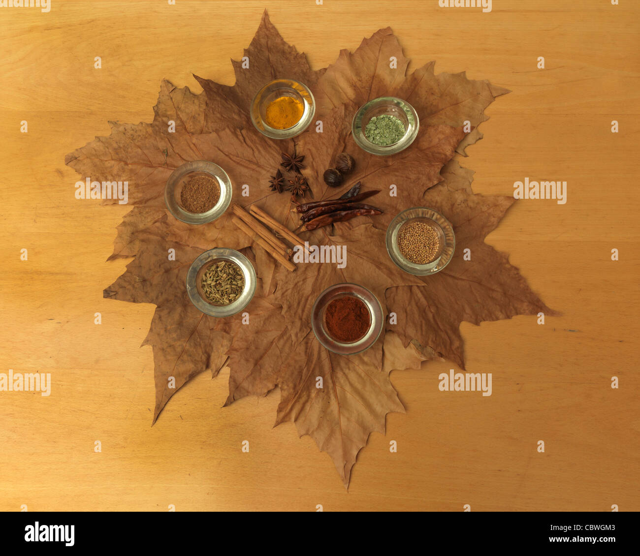 Spice Collection on Autumn Leaves Stock Photo - Alamy