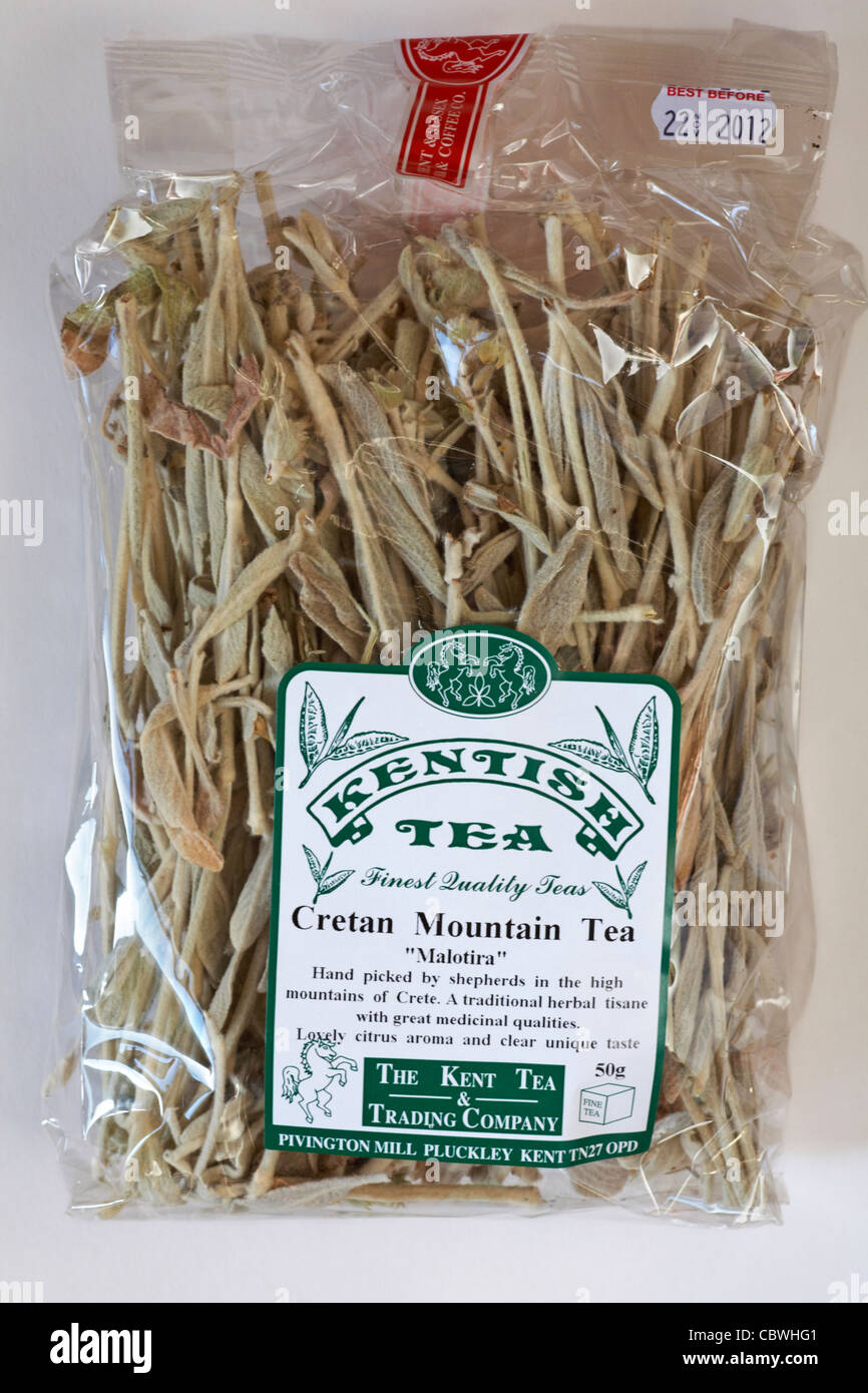 Packet of Kentish Cretan Mountain Tea isolated on white background ...