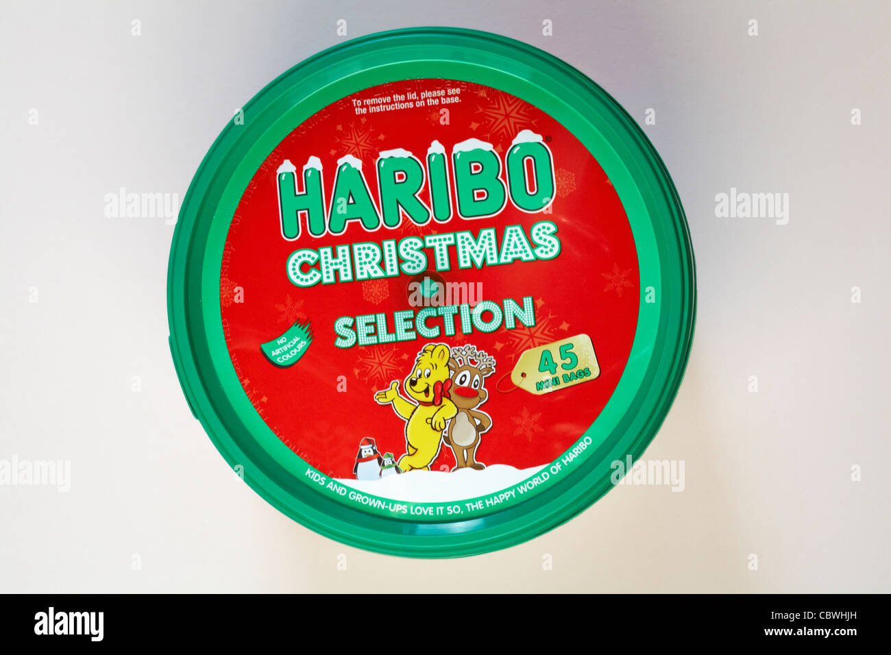 Tub of Haribo Christmas selection sweets isolated on white background ...