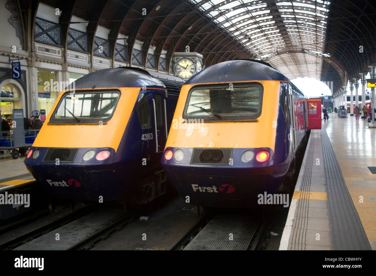 Two First diesel locomotive trains, Paddington railway station, London ...