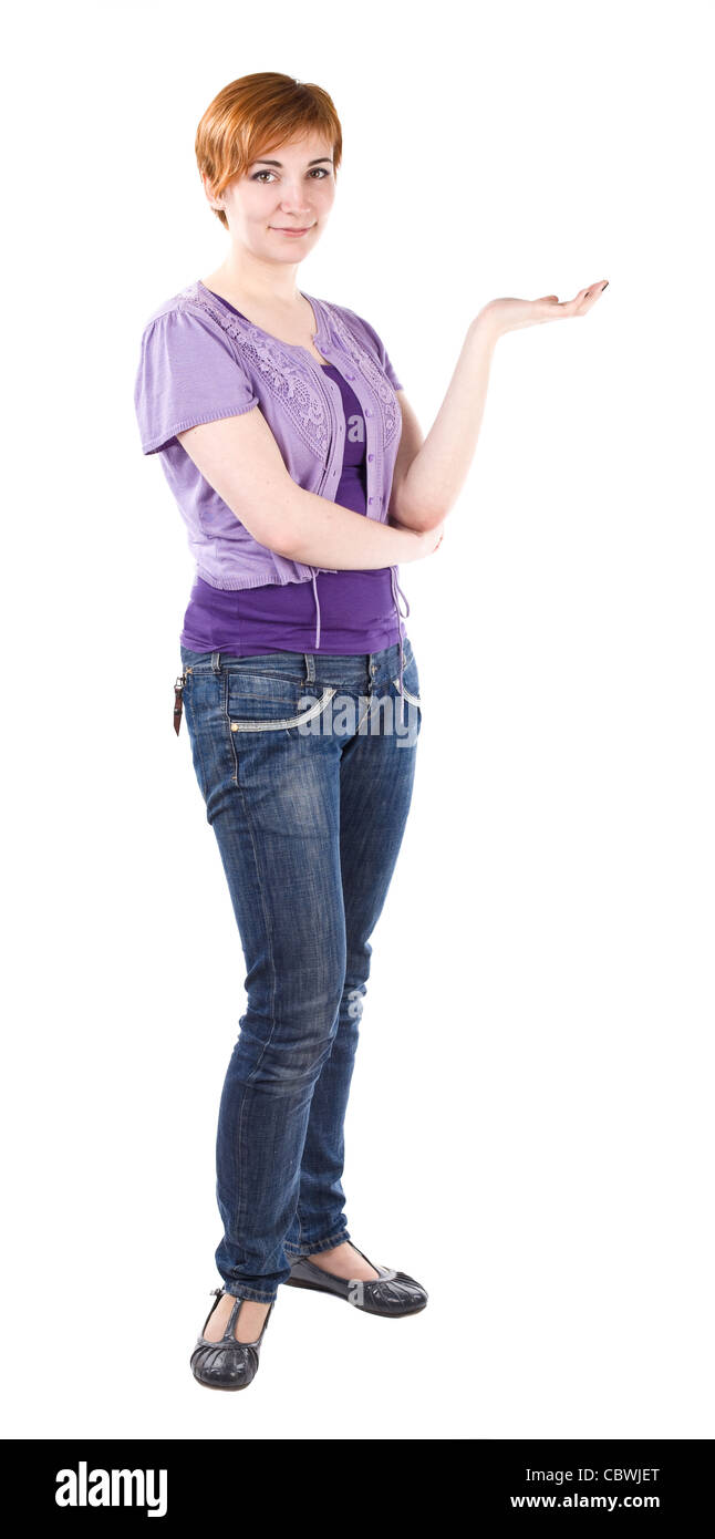 Female holding something isolated on white background Stock Photo - Alamy