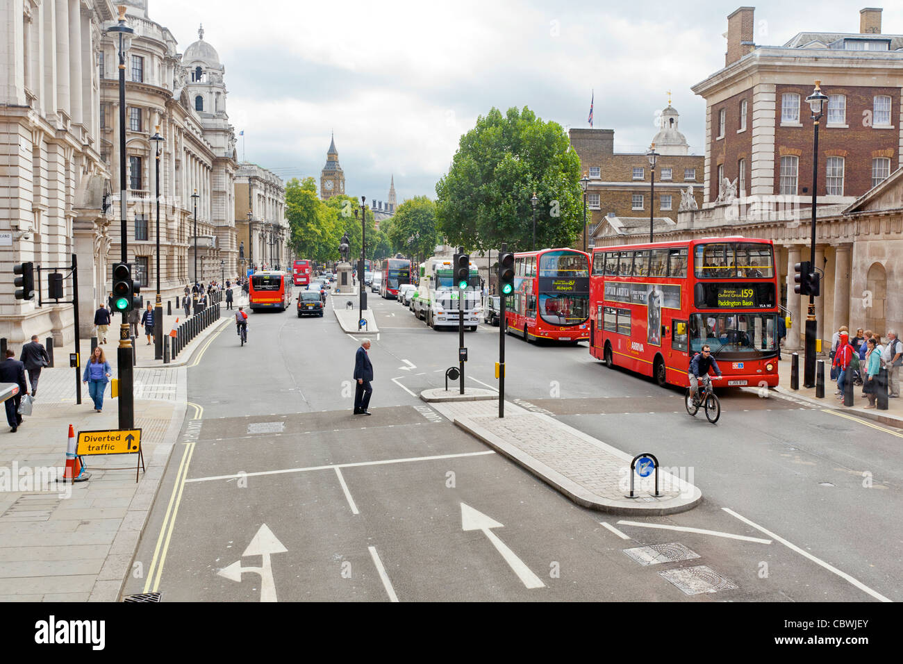 Riding on a double decker bus in Central London on Whitehall Street ...
