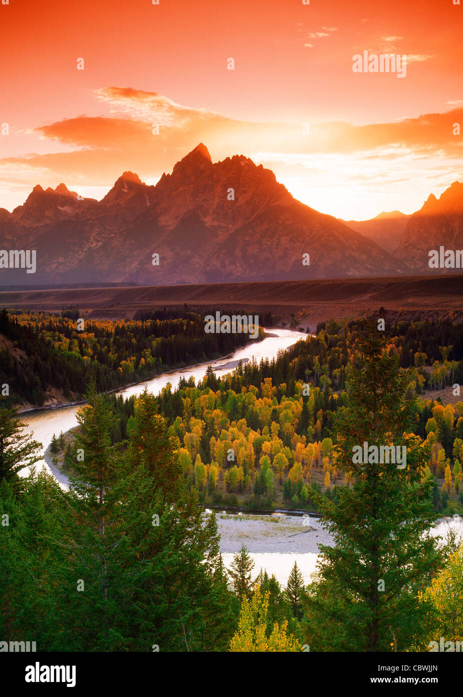 Oxbow bend on Snake River with Grand Tetons at sunset near Jackson Hole ...