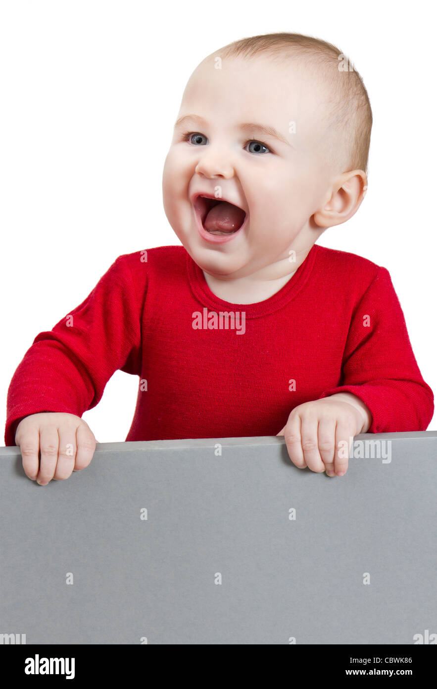 young child holding sign. isolate on white background Stock Photo - Alamy