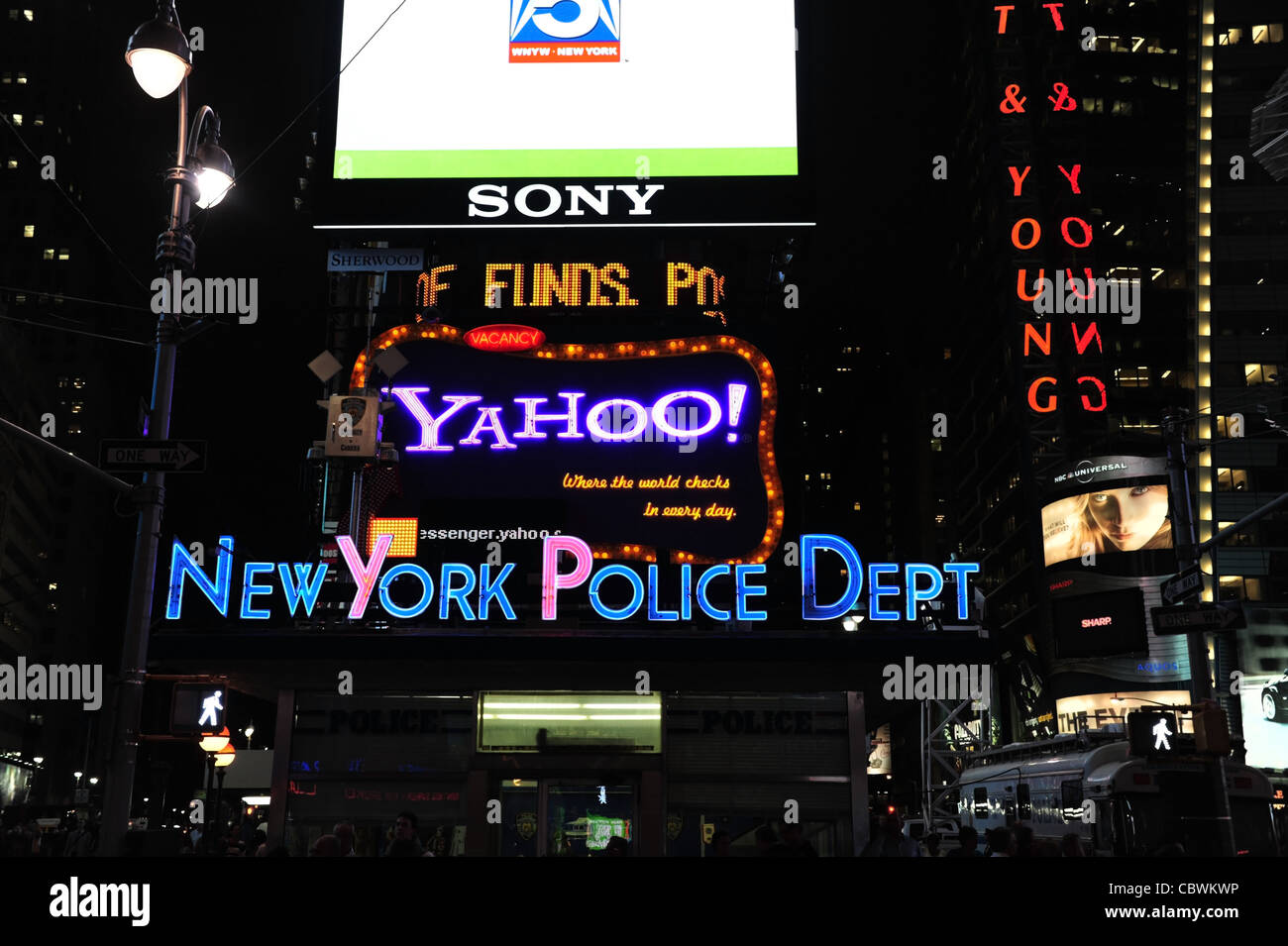 Night view blue neon New York Police Department office, front One Times ...