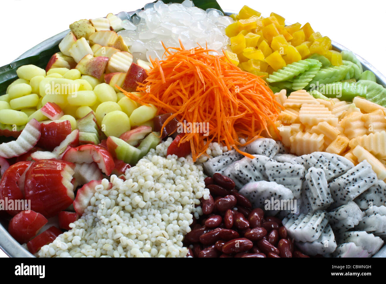 Salads, vegetables, fruit in a dish large pad with banana leaves Stock ...