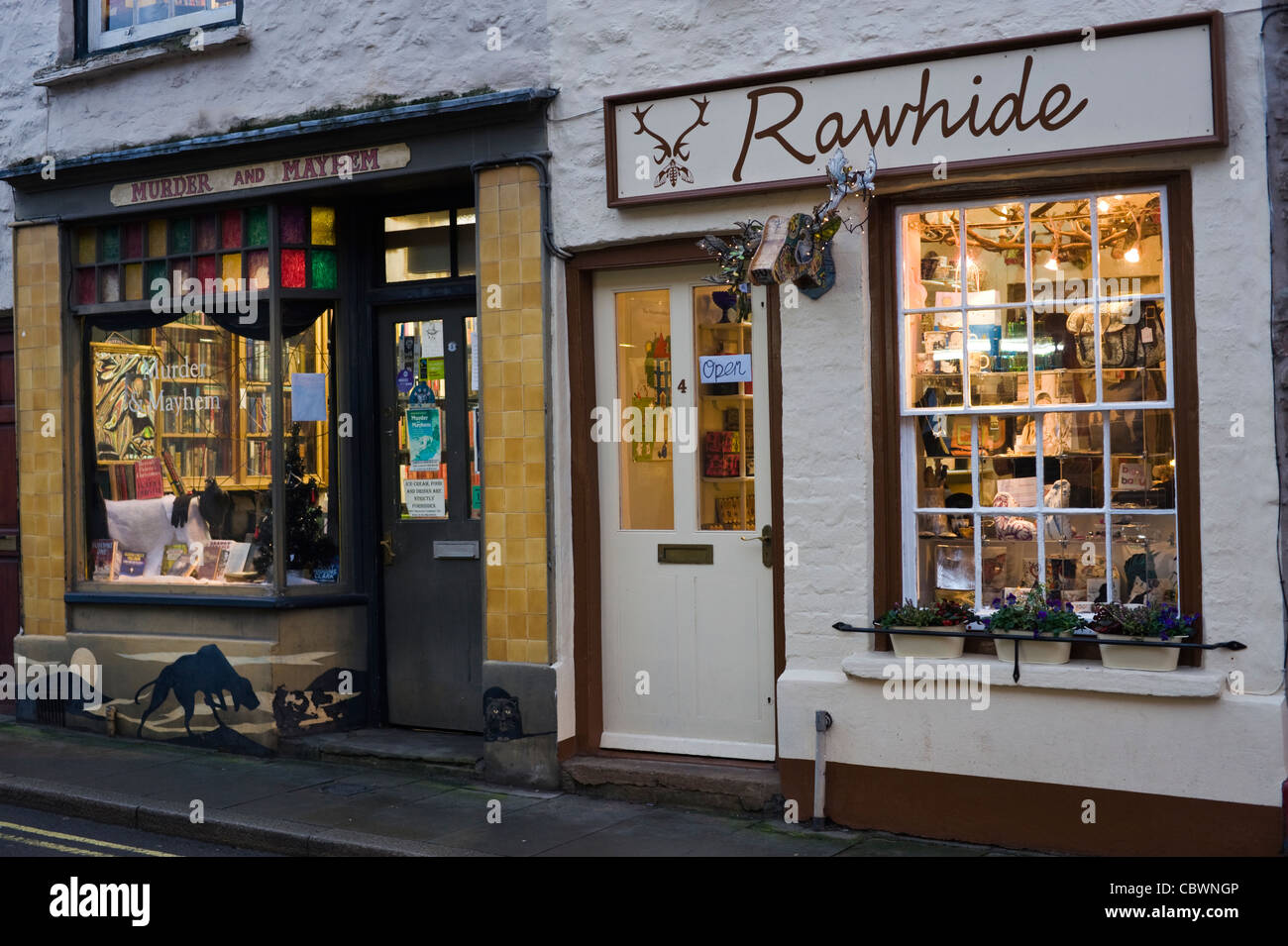 Shops with Christmas Xmas window displays in Hay-on-Wye Powys Wales UK ...