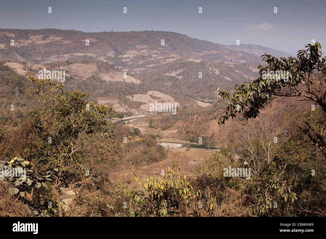 India, Manipur, river winding through parched Manipur Hills in dry ...
