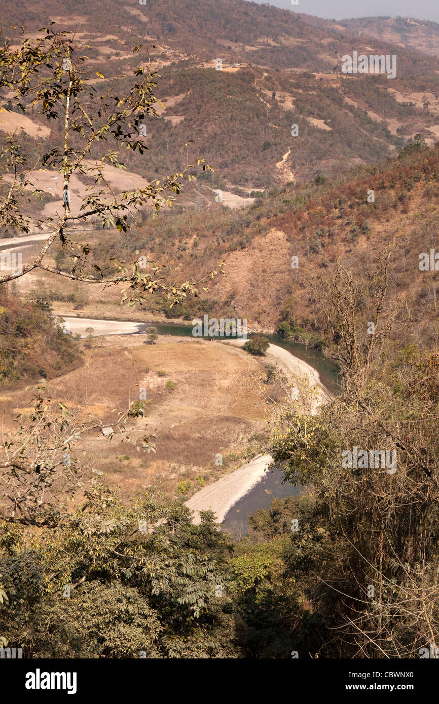 India, Manipur, river winding through parched Manipur Hills in dry ...