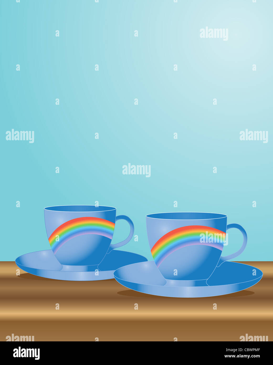 an illustration of two tea cups and saucers with rainbow design on a ...