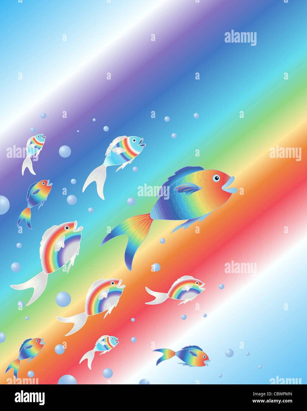 an illustration of fish in rainbow colors with bubbles on a colorful ...