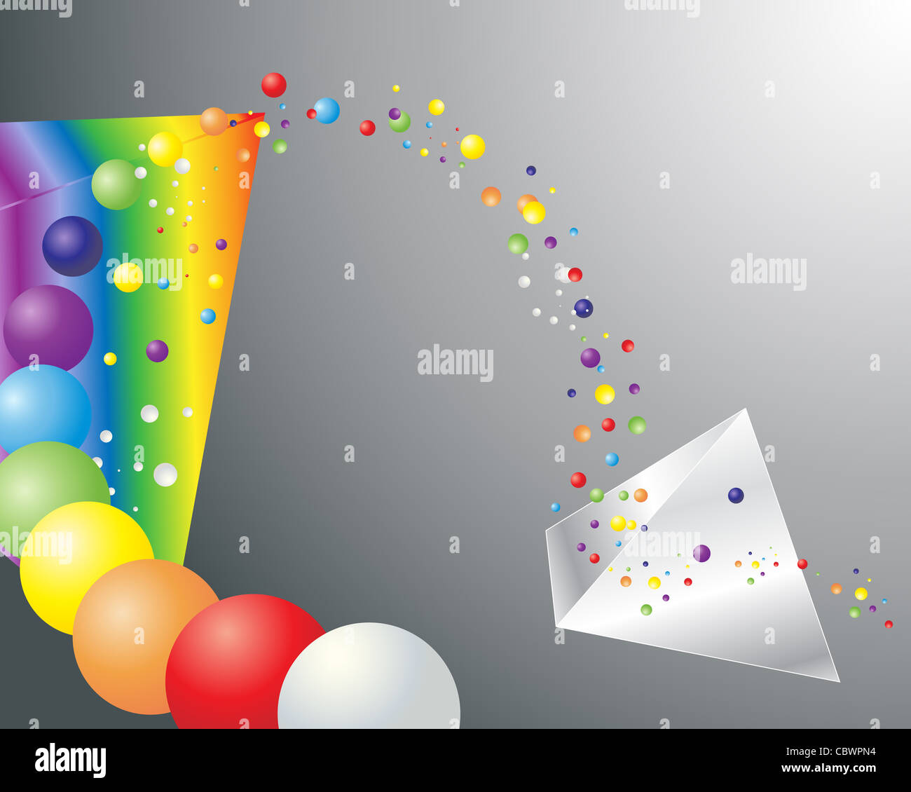 an illustration of prisms with rainbow spheres on a light gray ...