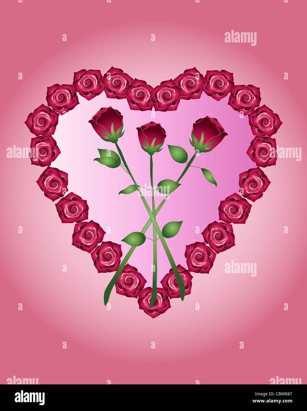 an illustration of a heart shape made up of red roses with three long ...