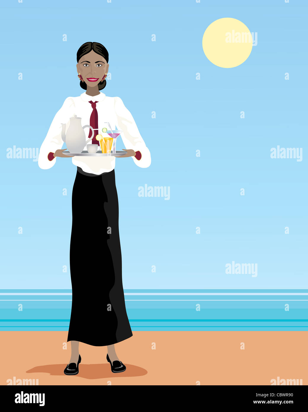 an illustration of an asian waitress walking with a tray of drinks in a ...