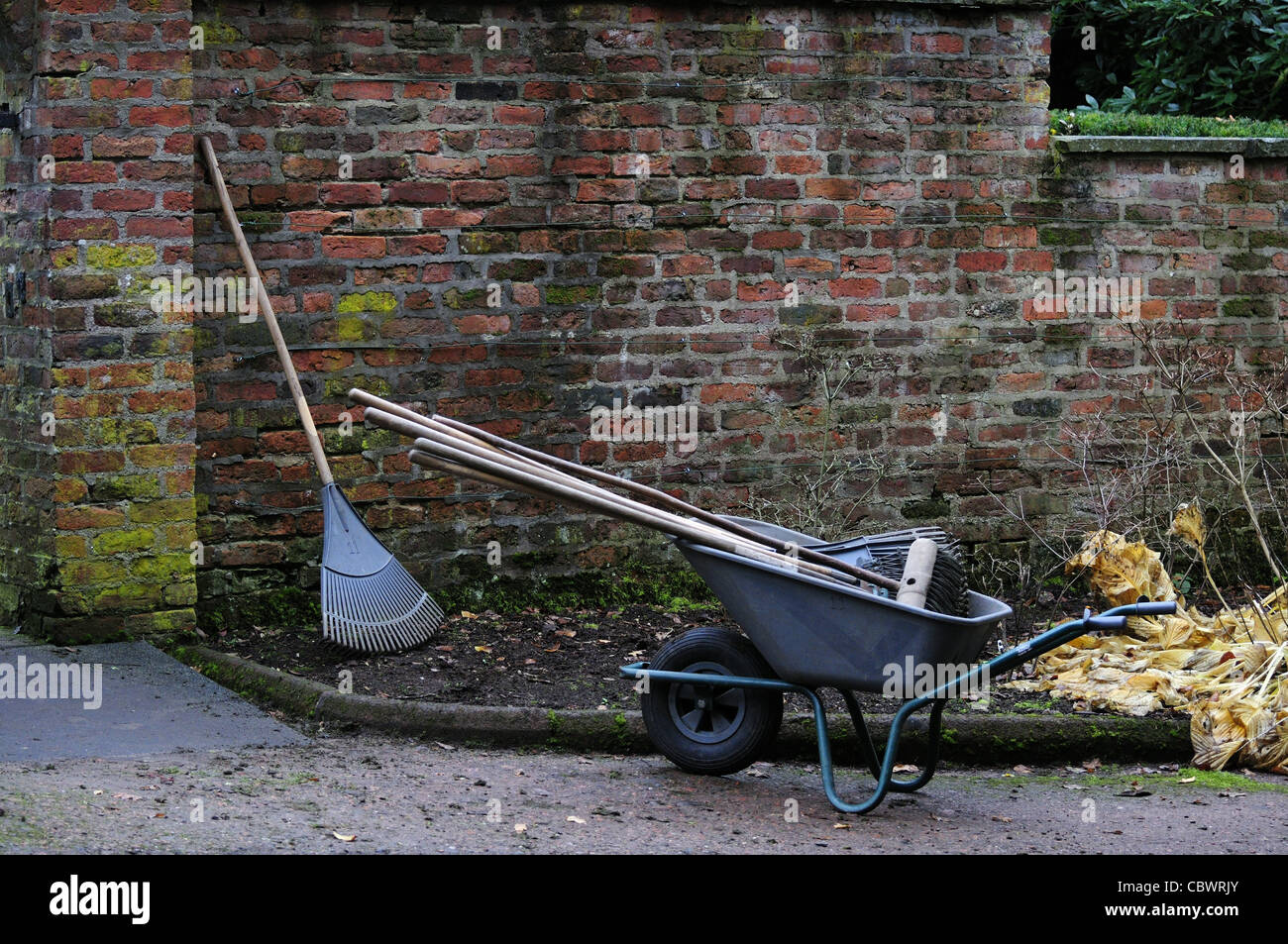 Wheelbarrow with gardening tools Stock Photo - Alamy