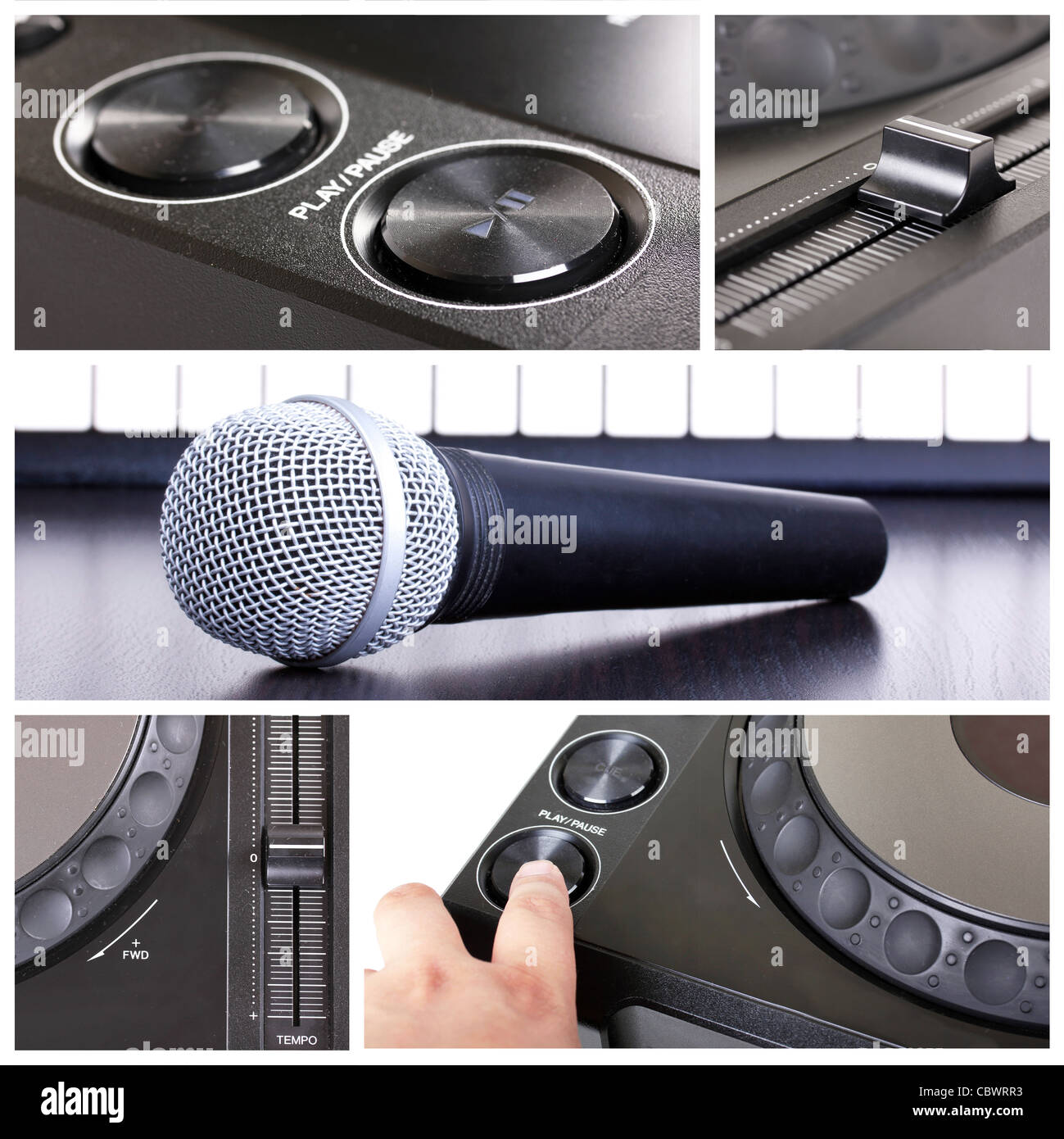 Dj tools collage with parts of cd player, microphone and mixer Stock ...