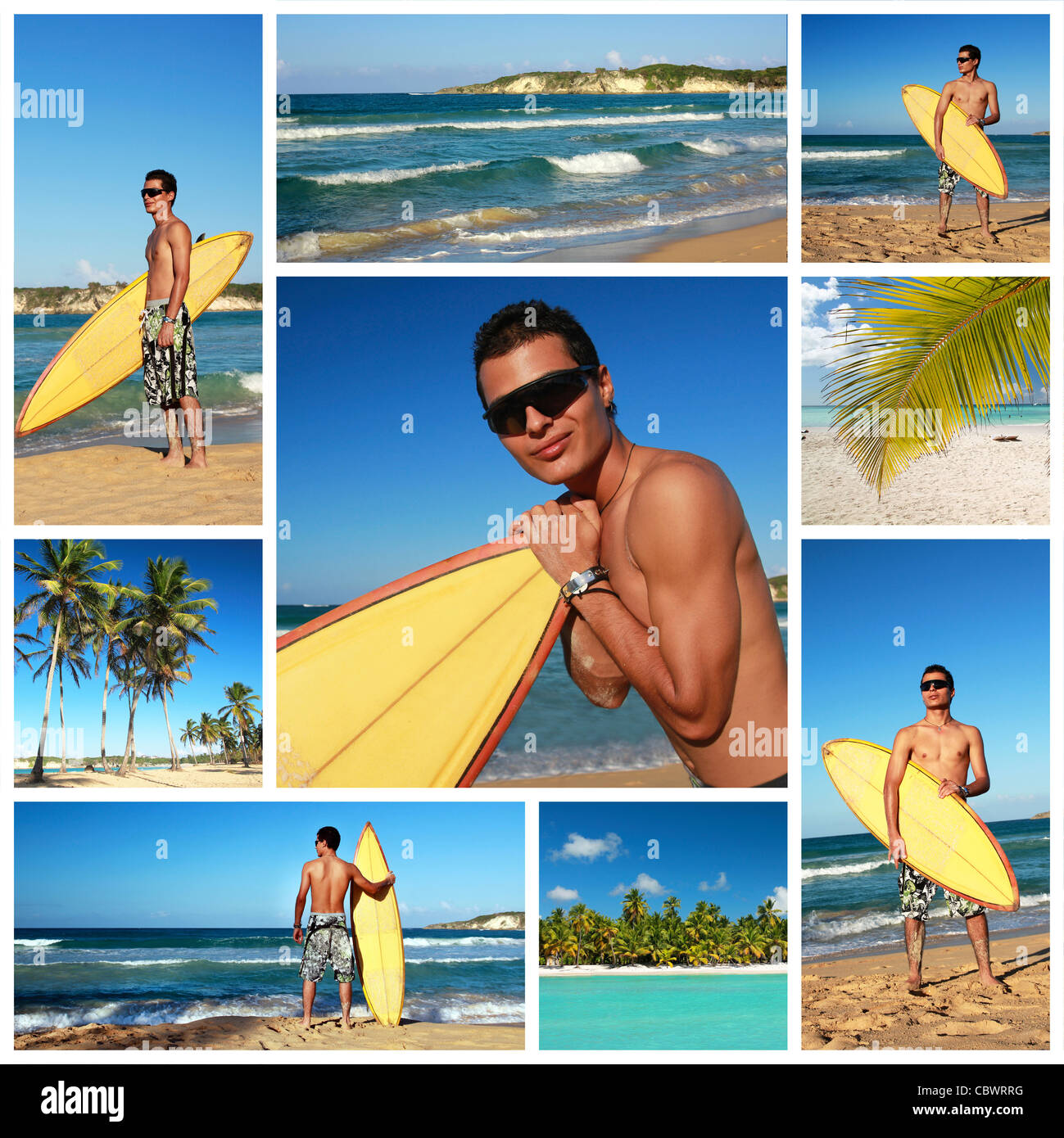 Collage with surfer holding surfboard on caribbean beach, Dominican ...