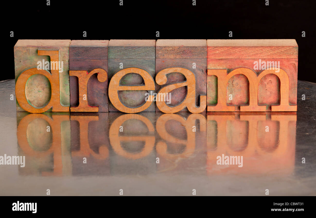 dream word abstract in vintage wood letterpress printing blocks with ...